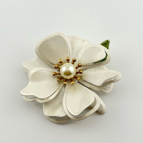 No Brand | Jewelry | Vintage White Enamel Magnolia Flower Brooch Faux ...